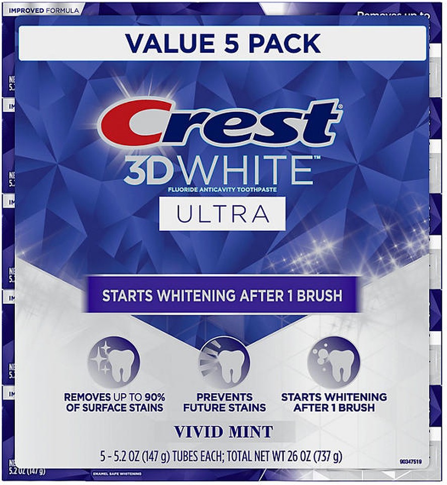 3D White Vivid Mint Ultra Whitening Toothpaste, 5.2 oz., 5 pk.